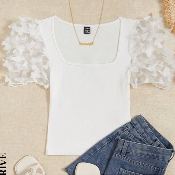 SHEIN | Tops | Shein Floral Embroidered Puff Sleeve Ribbed Crop Top ...